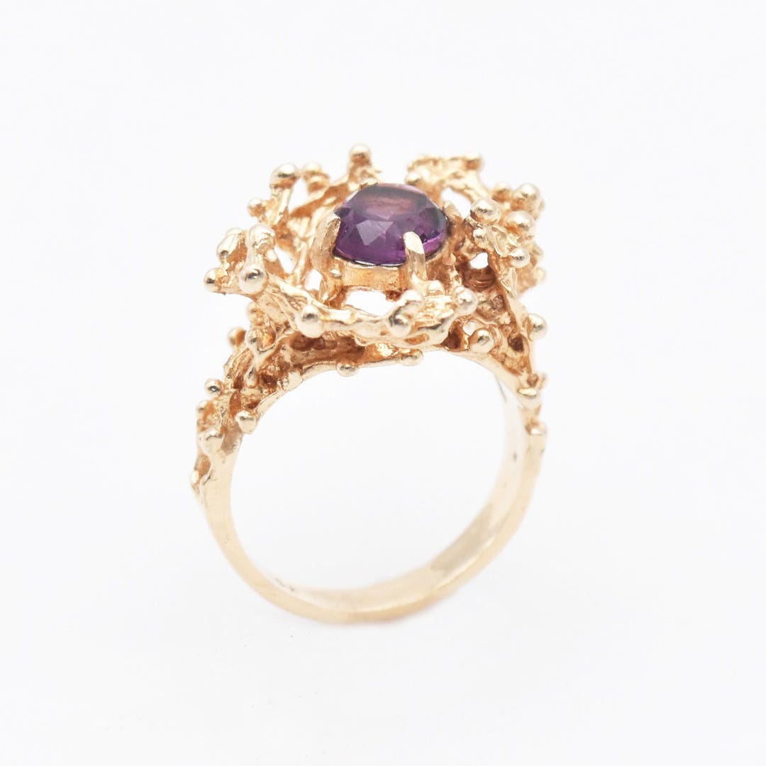 14k Yellow Gold Coral Reef Design Purple Glass Stone Ring Size 6 - Etsy