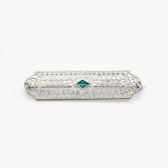 10k Yellow Gold Vintage Filigree Green Gemstone Bar P… - Gem