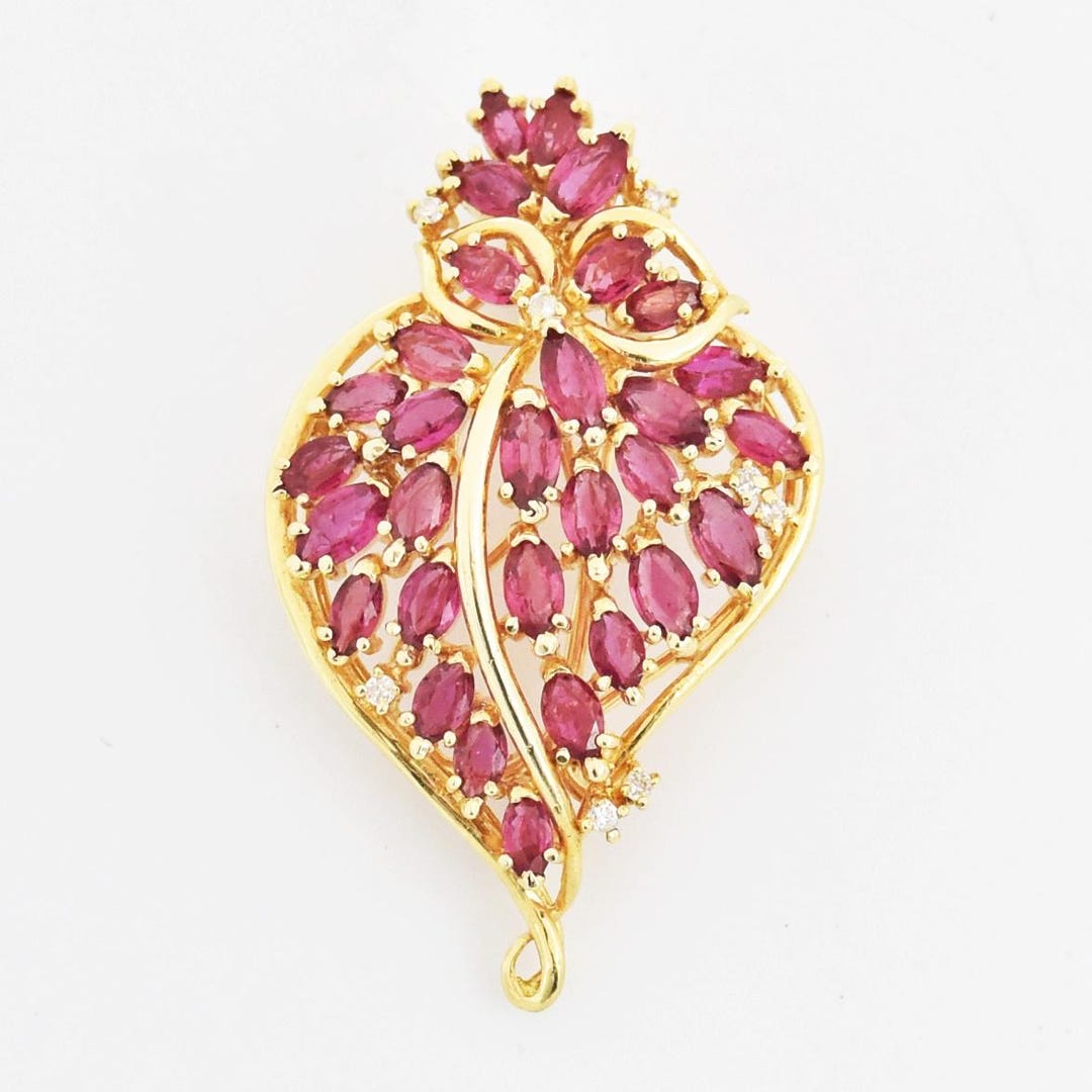 14k Yellow Gold Estate Ruby & Diamond Leaf Shape Pin/pendant - Etsy