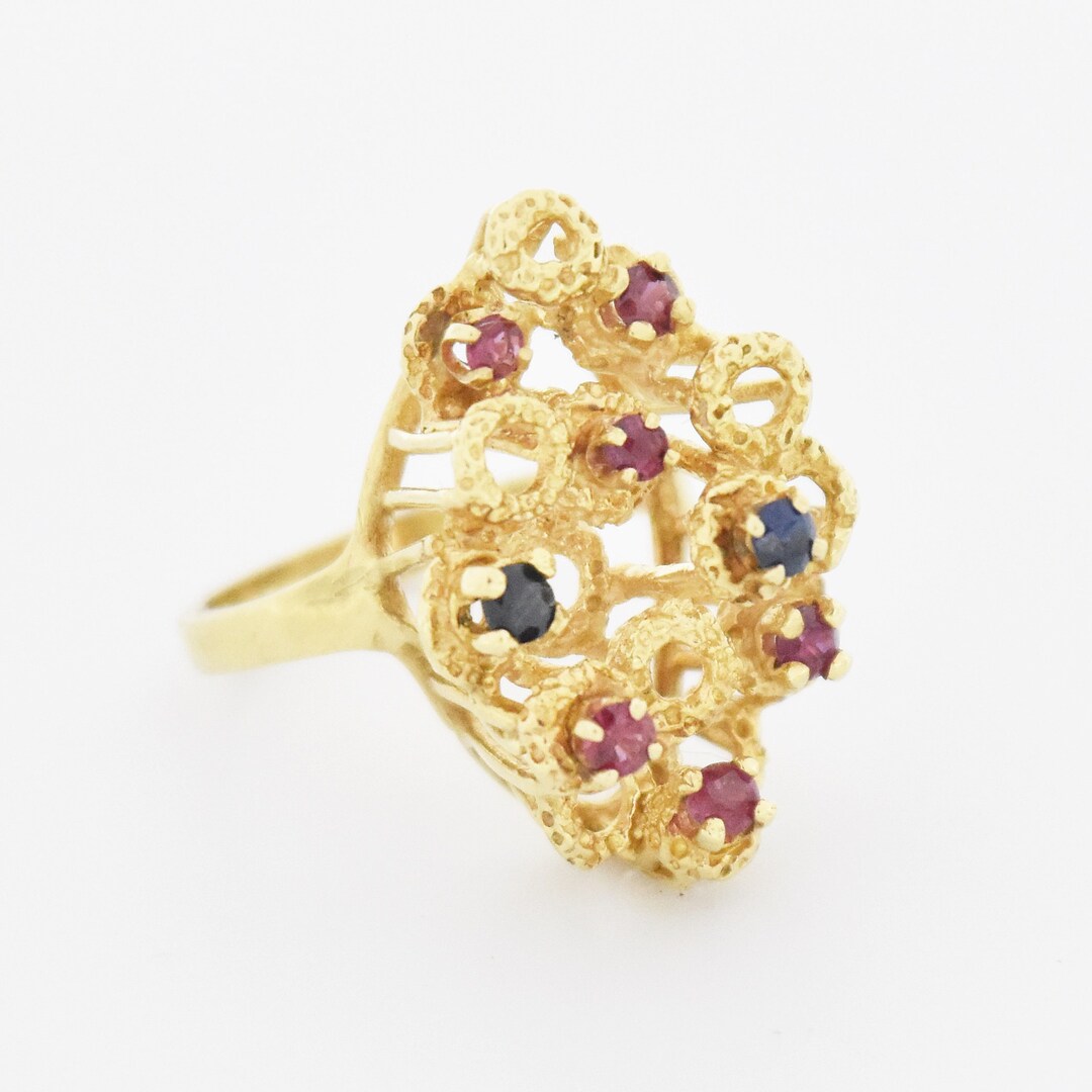 14k Yellow Gold Retro Style Circle Ruby & Sapphire Ring Size 6.75 - Etsy