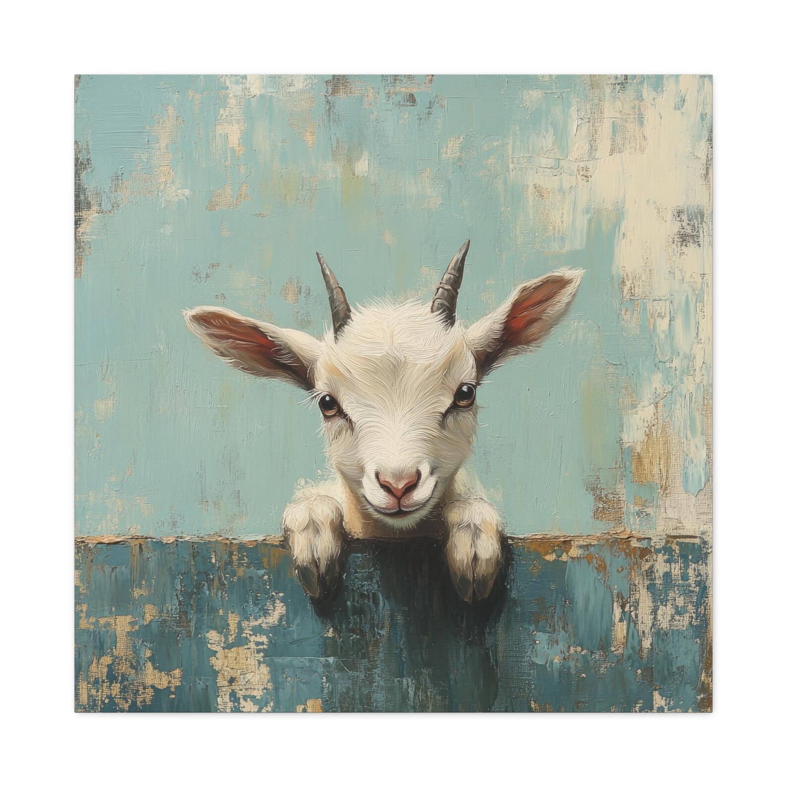 Baby Goat Peeking Neutral Blue Colors Oil Painting Print Art 6 Sizes ...