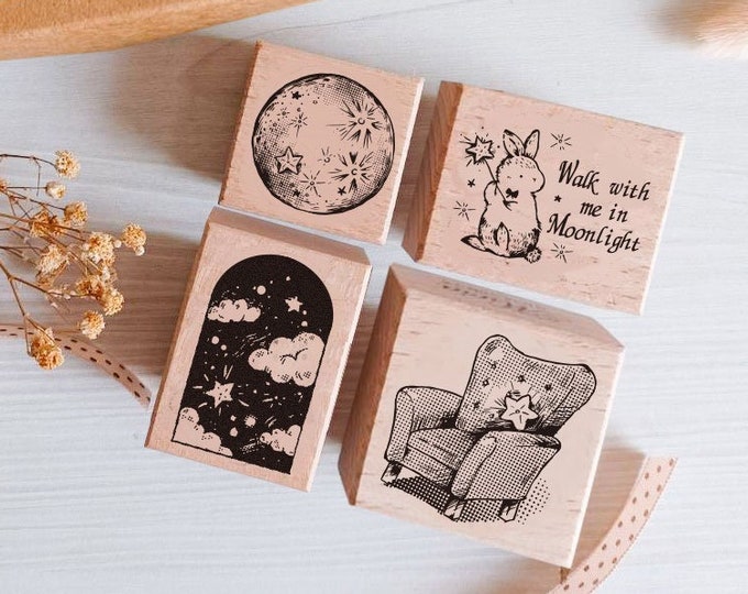 Rabbit and Moon Stamps Box Set, Micia Rubber Stamps, Walk With Me in ...