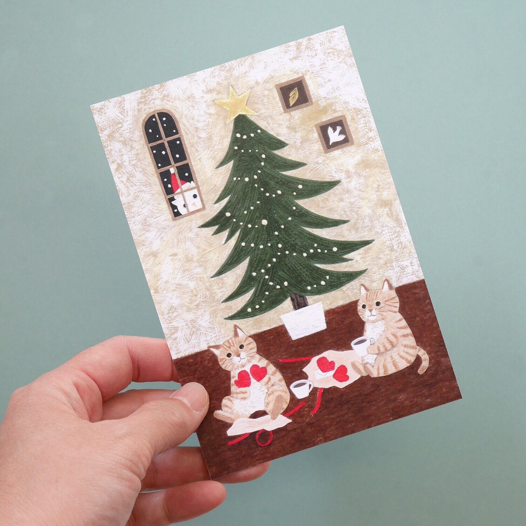 Cat Brothers Christmas Postcard, 4legs Illustrated Post Card, Mittens ...