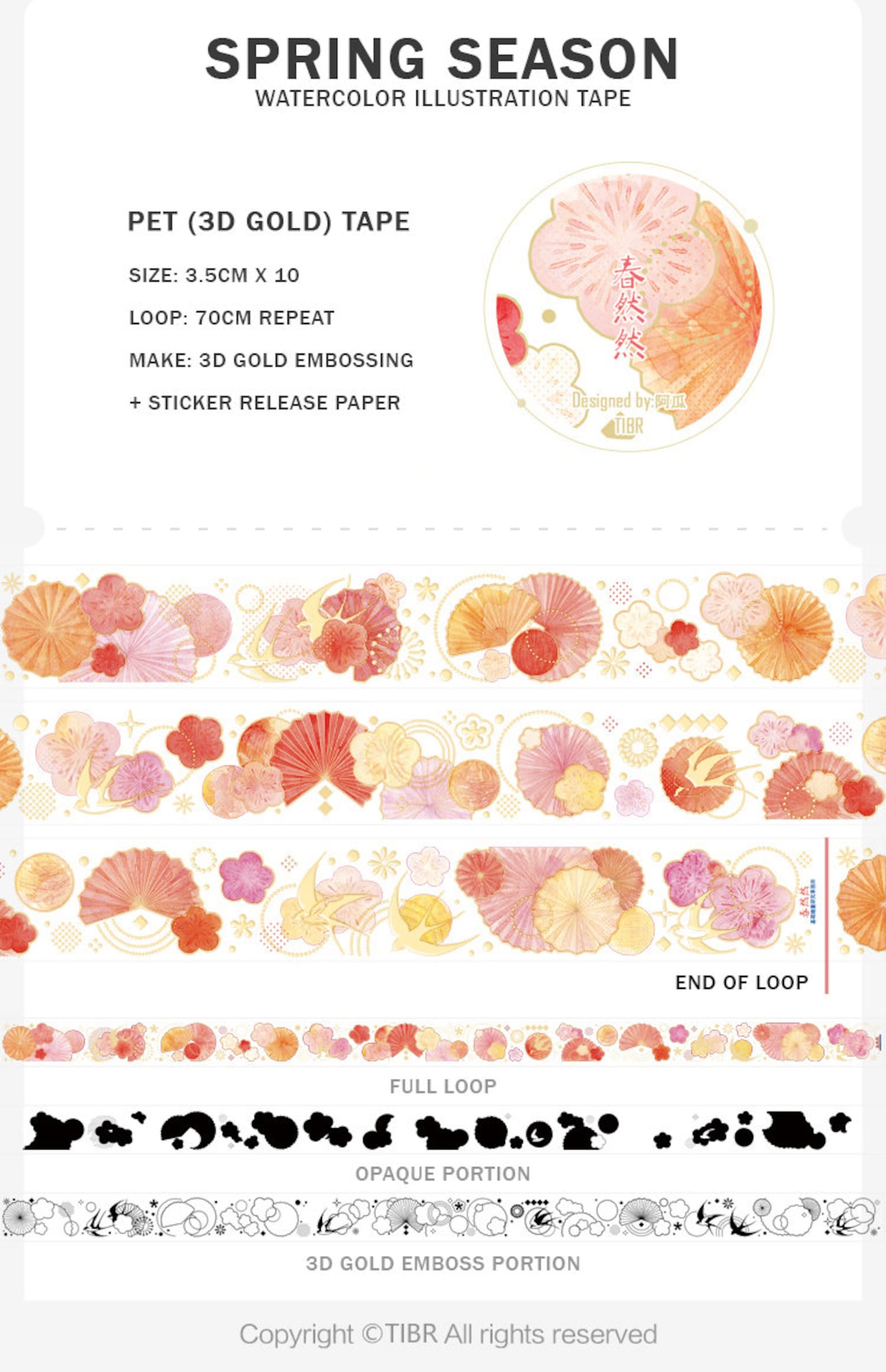 Tape Sample, TIBR Watercolor Flower Masking Tape, Peony, Cherry Blossom ...