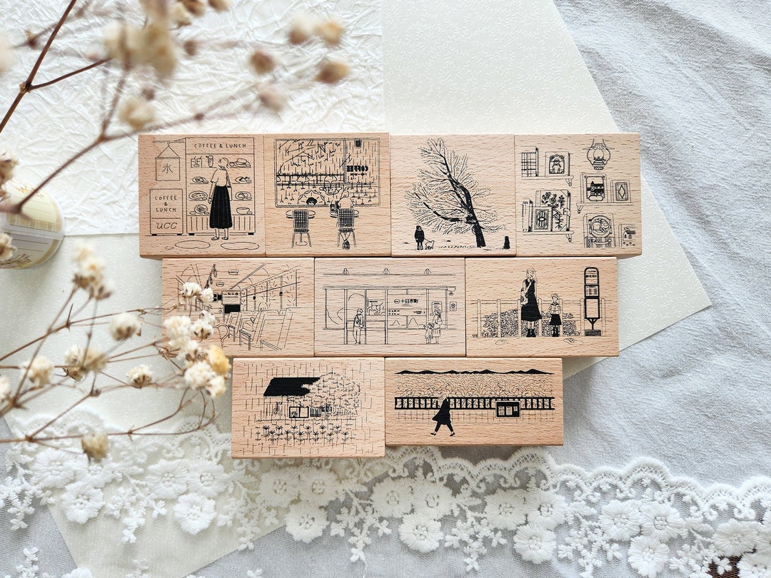 Around Town Rubber Stamps, Daily Life, Bus Stop, Coffee Shop, Park Wood ...