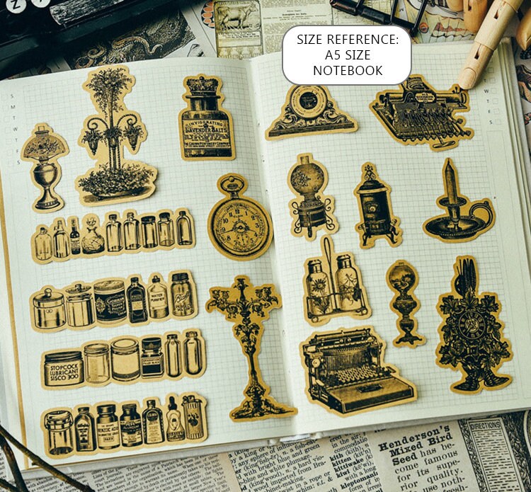 Vintage Objects Illustration Kraft Stickers Pack Monochrome - Etsy