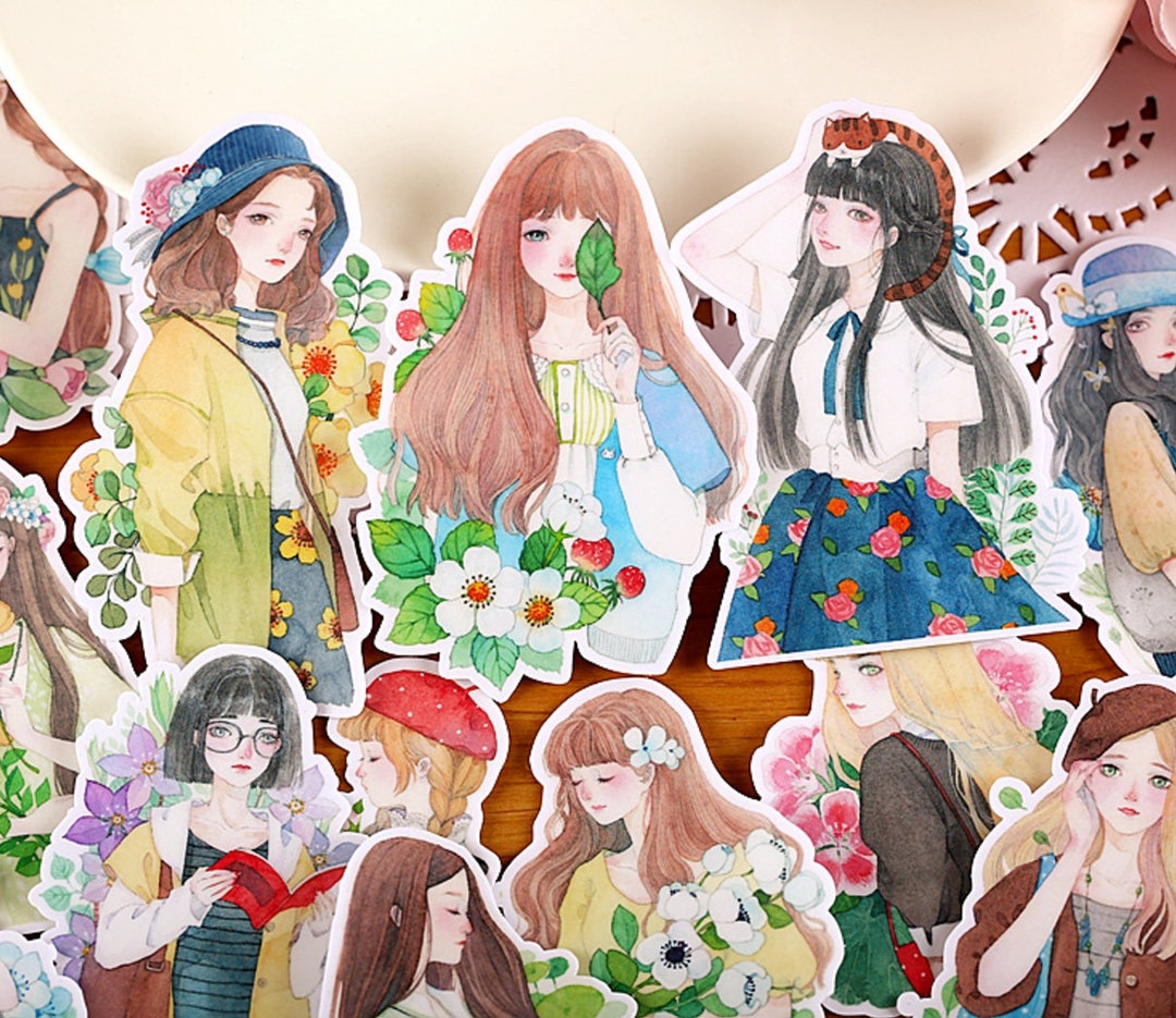 Girls Illustration Sticker Pack, Flower Girl Stickers Series C, Floral ...