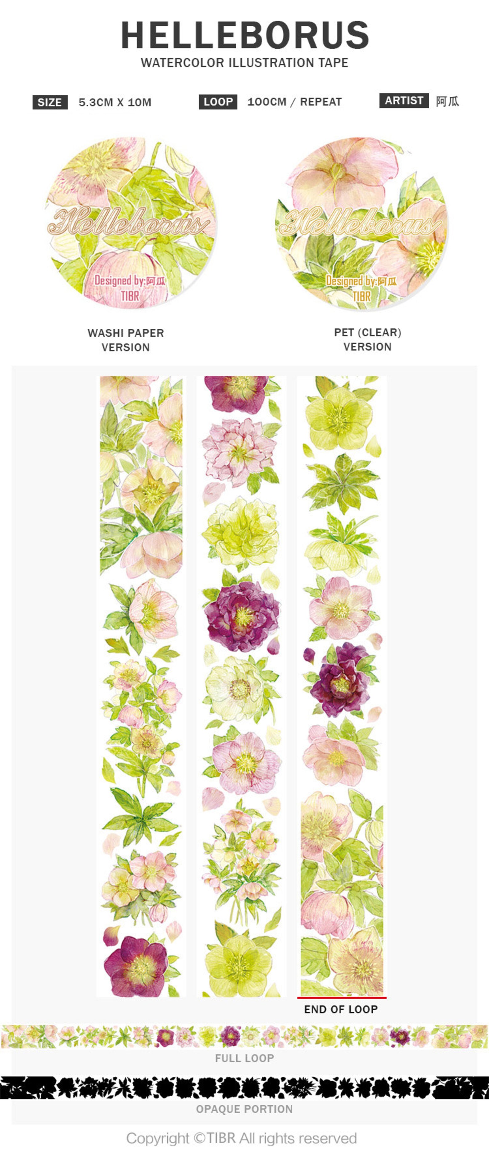 Tape Sample, TIBR Watercolor Flower Masking Tape, Peony, Cherry Blossom ...