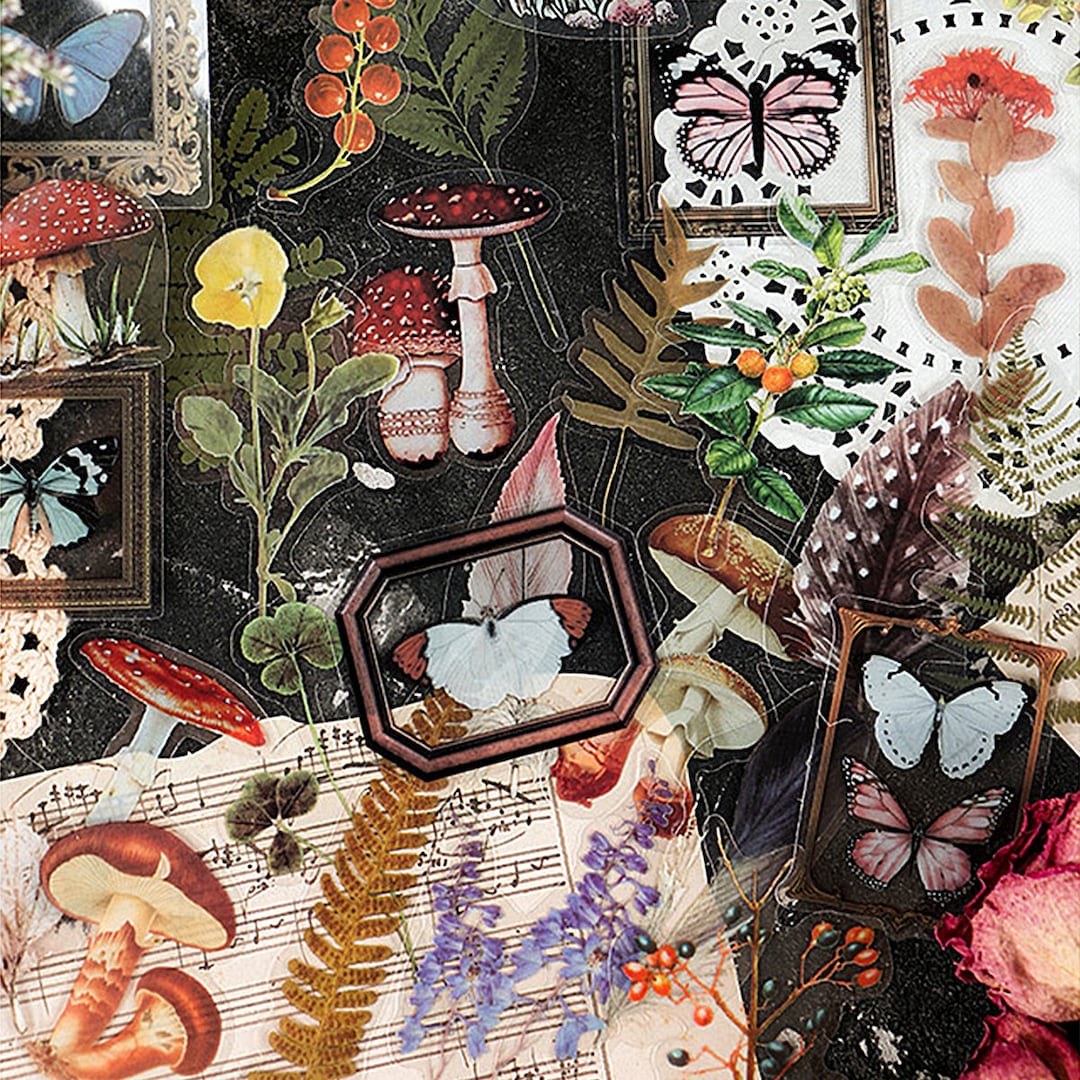 Old Time Garden Clear Stickers, Floral, Plants Specimen, Butterfly ...