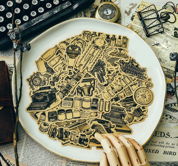 Vintage Objects Illustration Kraft Stickers Pack Monochrome - Etsy