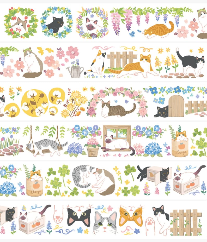 Garden Cats PET Clear Tape, Kitty and Flower Masking Tape, Calico Cat ...