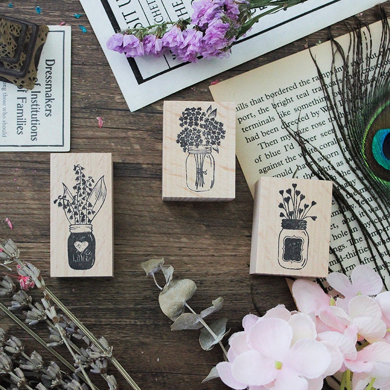Set of 3 Flower Jars Wooden Stamp Floral Stamps Bohemian | Etsy