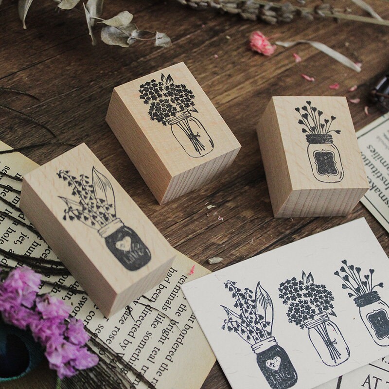 Set of 3 Flower Jars Wooden Stamp Floral Stamps Bohemian | Etsy
