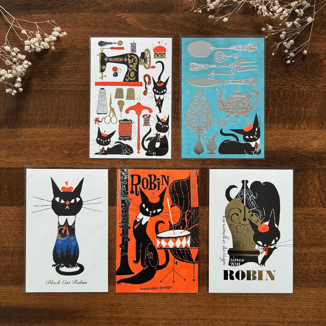 Black Cat Robin Postcards, Cozyca Illustrated Gold Foil Emboss Post ...