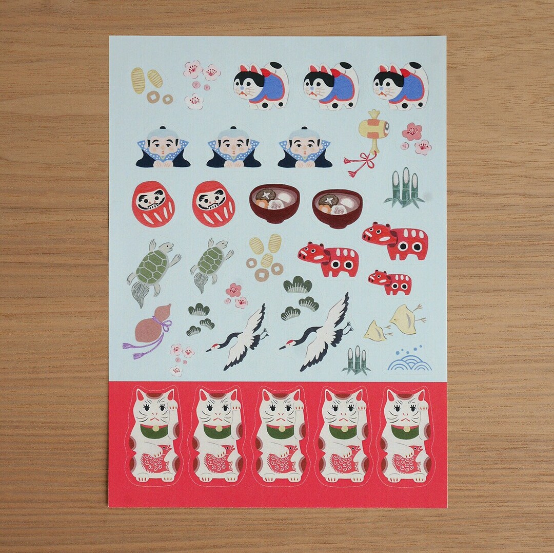 4legs Lucky Charms Sticker Sheet, Japanese Lucky Items, Daruma Doll ...