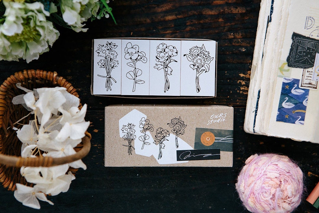 Set of 4 Flower Bouquet Rubber Stamps Set, OURS Original Design Wooden ...