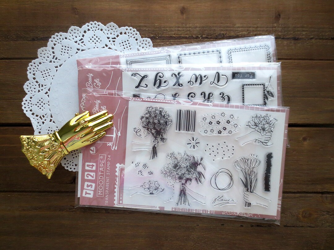 Floral Themed Acrylic Stamp Set, Flower Bouquet, Lettering, Floral Lace ...