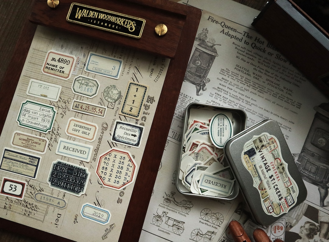 Vintage Tin Box Stickers, Vintage Collage Tags and Labels Stickers, Old ...