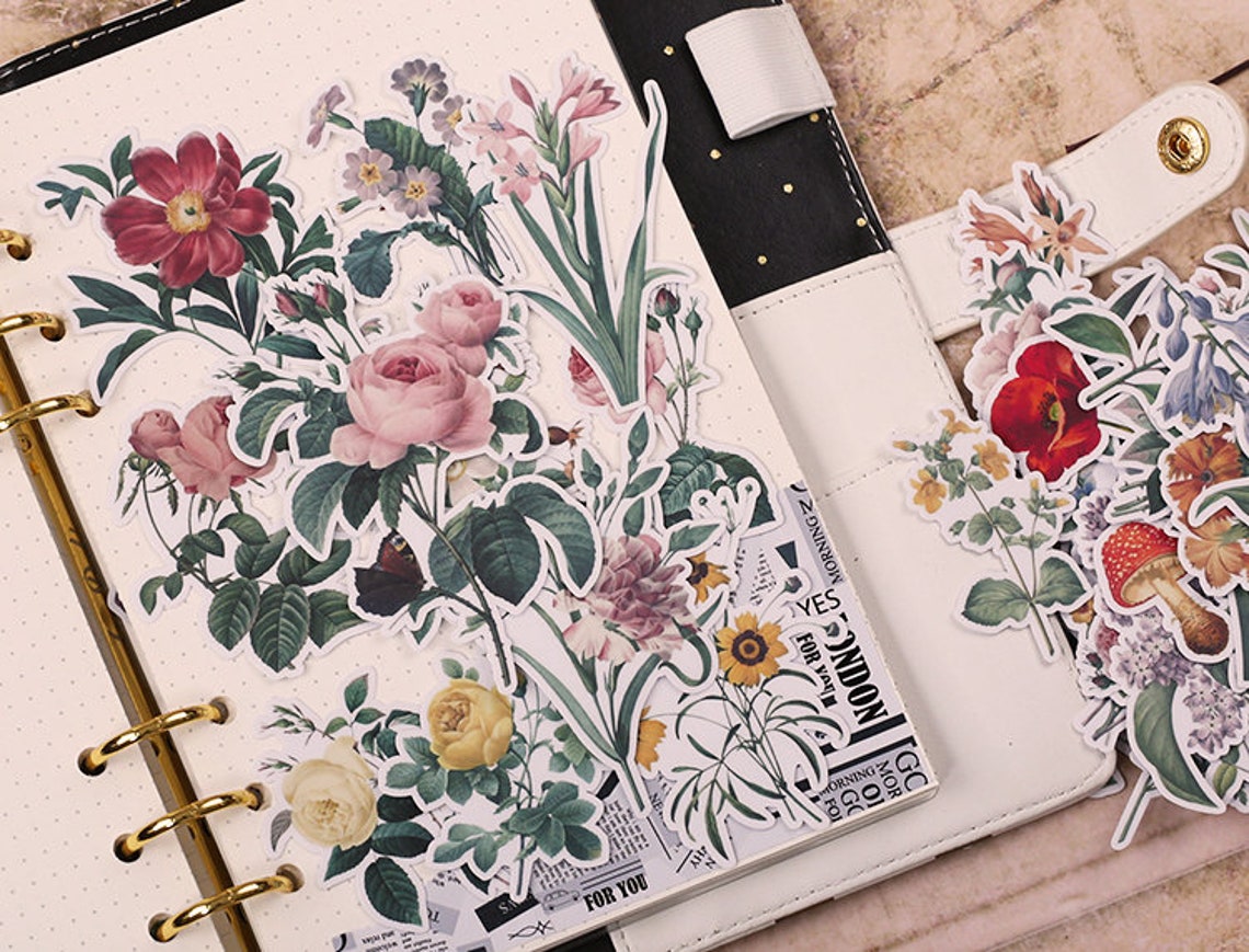 52 PCS Vintage Flowers Stickers Pack, Vinyl Flowers Sticker Sack ...