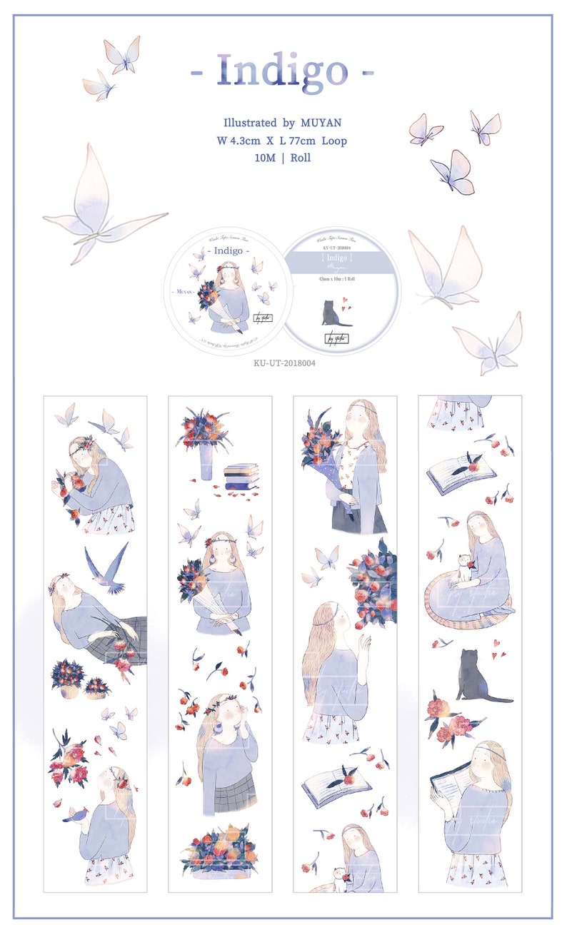 Indigo Washi Tape Roll, Floral Girls Illustration Washi Tape, Garden ...