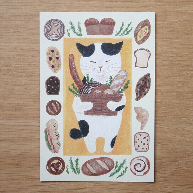 Cat and Bread Postcard, 4legs Illustrated Post Card, Buchu Neko, Kitty ...