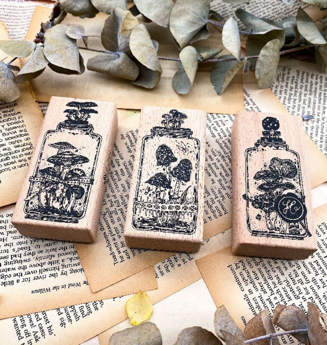 Mushroom Bottle Stamp Set 1, Large Wooden Stamp, Fairy Bottle, Decora Whimsical Fungi Stamp for ...