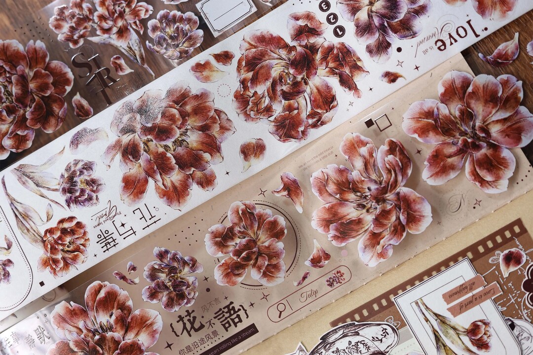 Tulip Masking Tape, Red Tulip Bloom Washi and PET Tape, Flower, Floral ...
