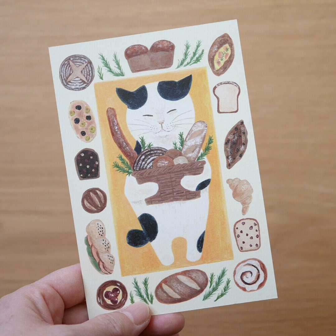 Cat and Bread Postcard, 4legs Illustrated Post Card, Buchu Neko, Kitty ...