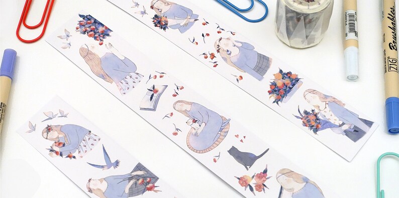 Indigo Washi Tape Roll, Floral Girls Illustration Washi Tape, Garden ...