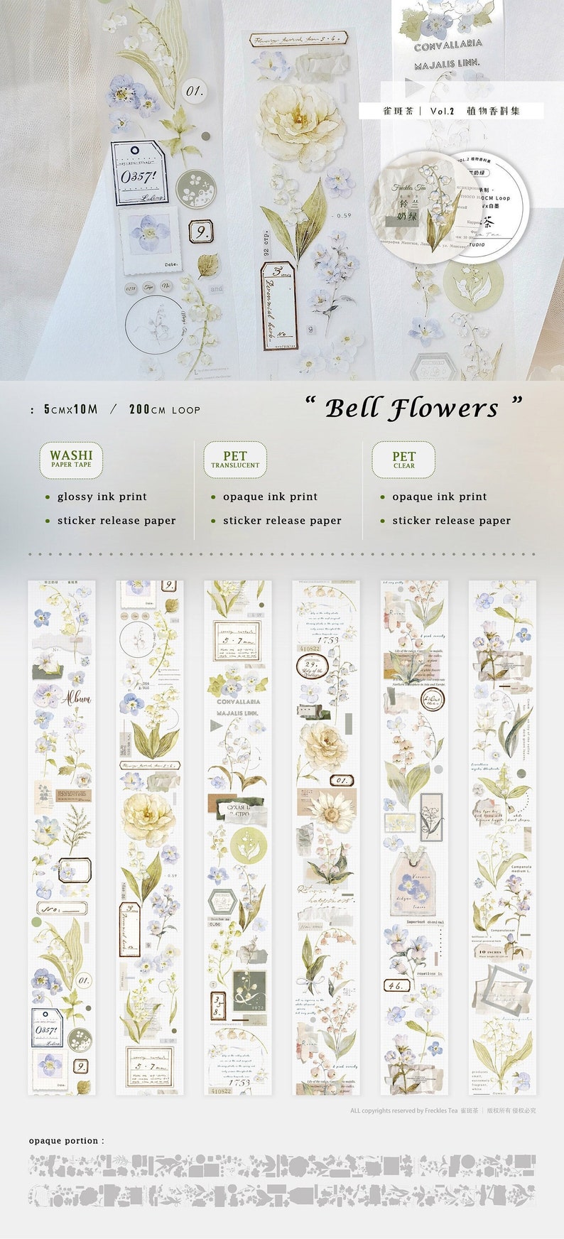 TAPE SAMPLE, Freckles Tea Bell Flowers Masking Tape, Lily of the Valley ...