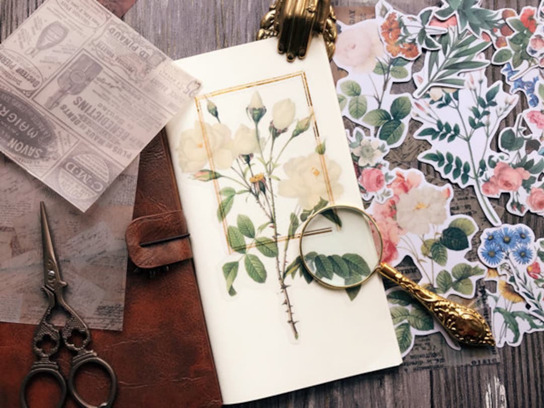 40 PCS Vintage Flowers Stickers Pack, Translucent Flowers Sticker Sack ...