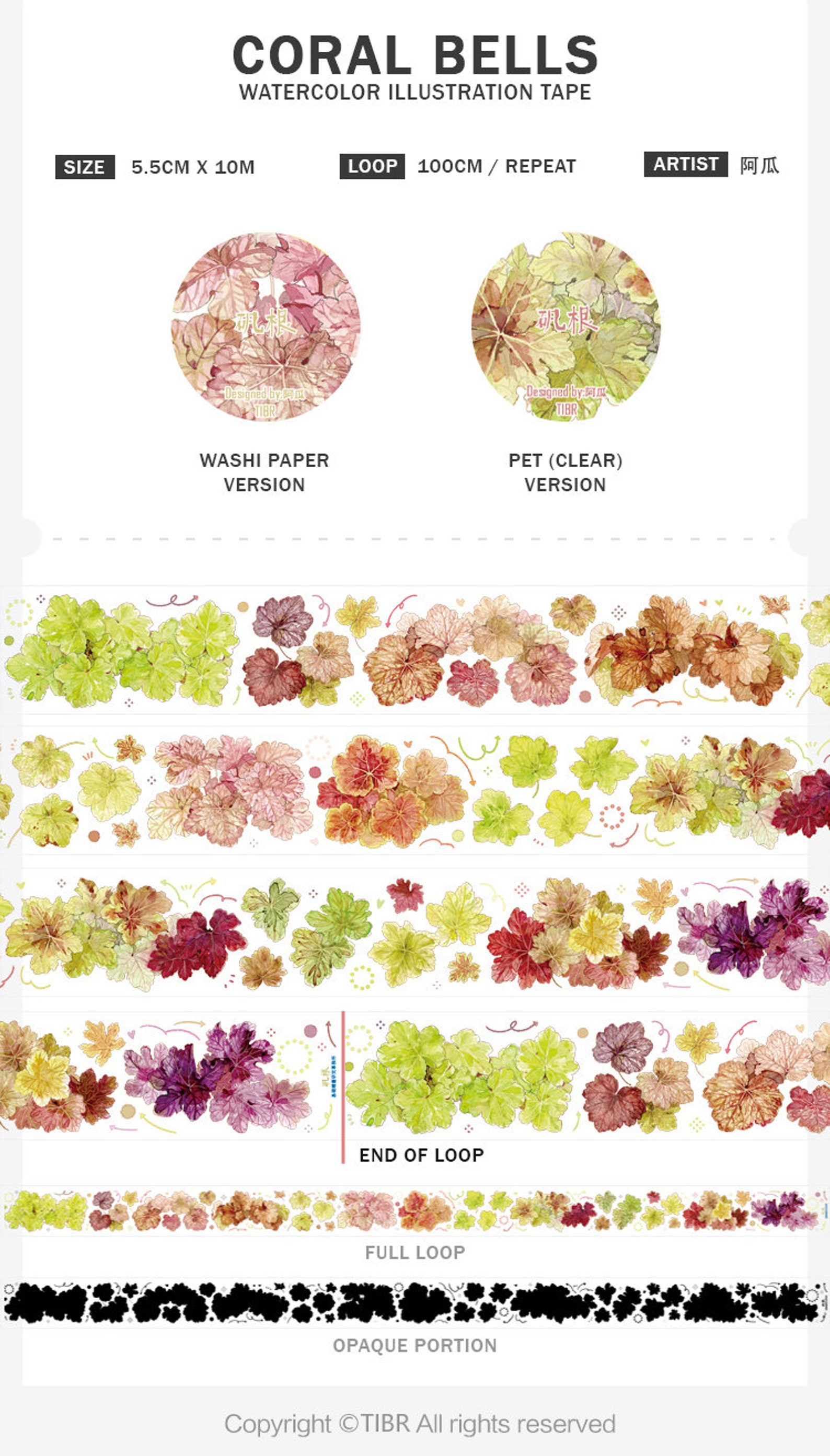 Tape Sample, TIBR Watercolor Flower Masking Tape, Peony, Cherry Blossom ...