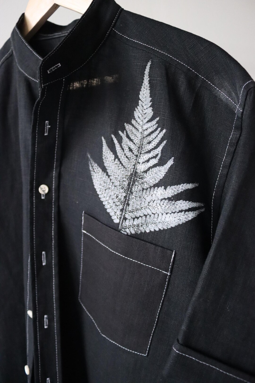 Black Linen Shirt With a Fern Print(hand Printed) - Etsy