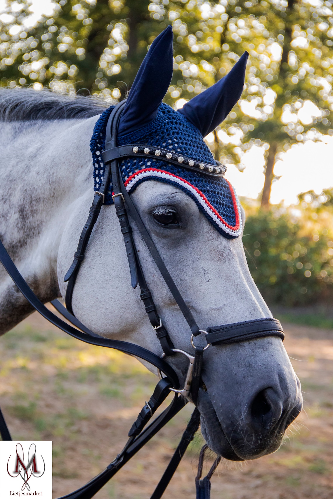 Navy Blue Fly Bonnet Strass Whit and Red Trim Horse Fly - Etsy