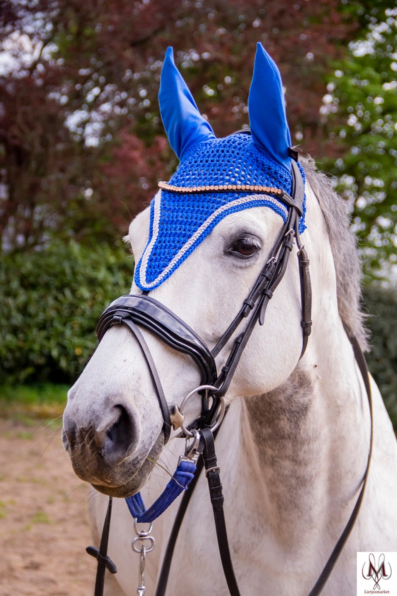 Long Cobalt Fly Bonnet Blue and Strass Fly Bonnet Equine - Etsy