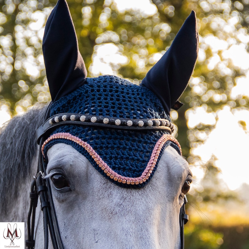 Navy Blue or Black Fly Bonnet With Rose Gold Strass Dressage | Etsy