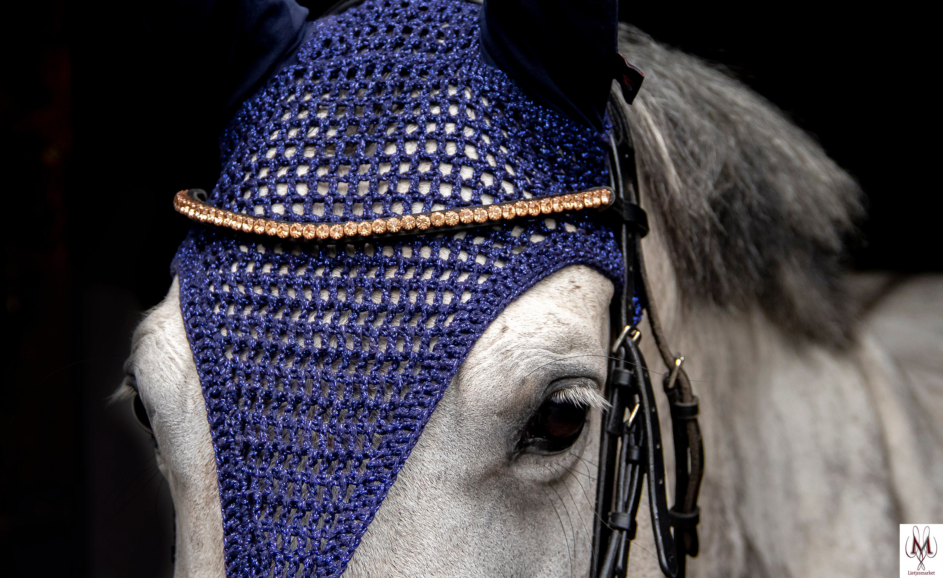 Long Glitter Fly Bonnet, Navy Fly Bonnet, Long Model Fly Veil, Horse ...