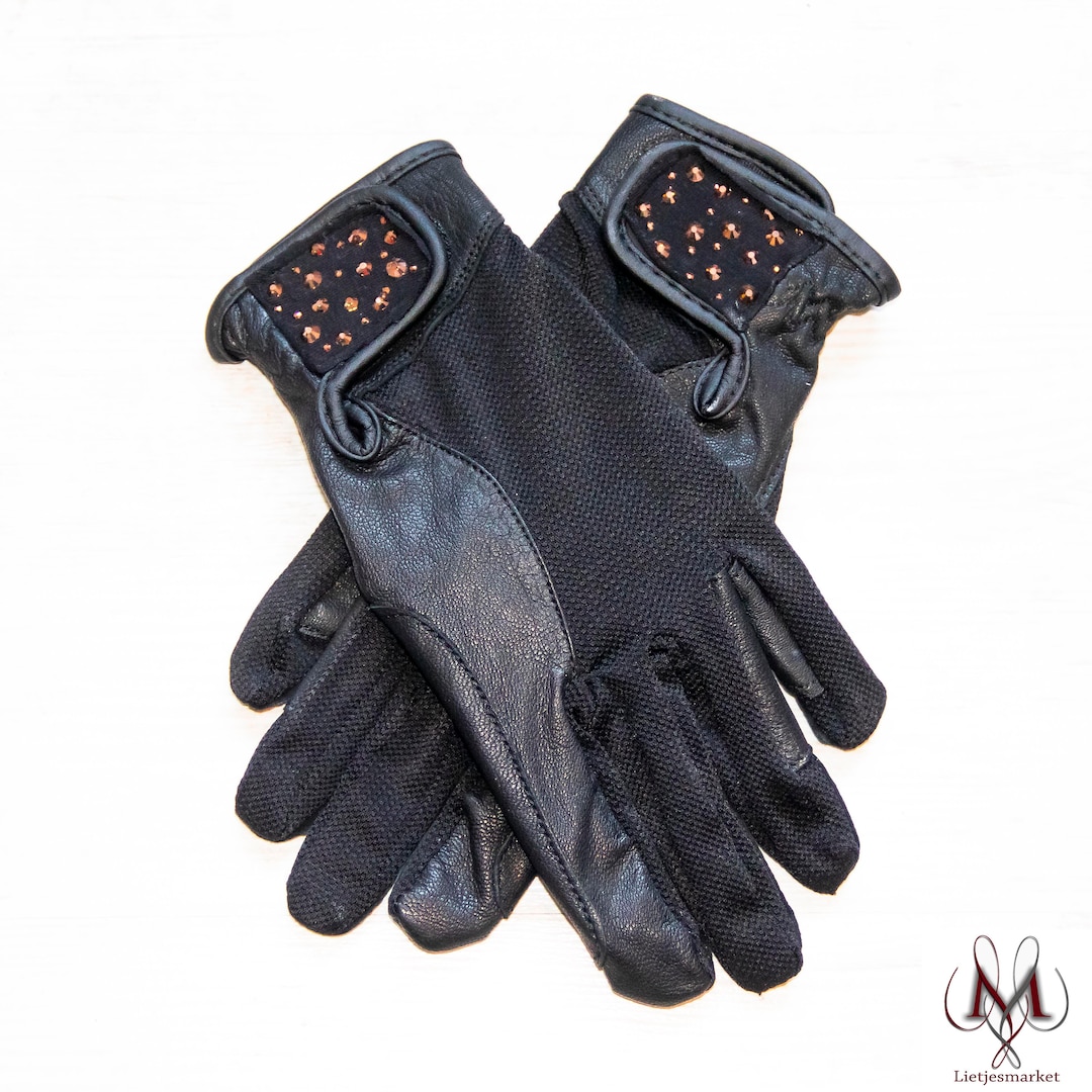 Riding Gloves Black With Rose Gold, Dressage Gloves, Rhine Stones Rose ...