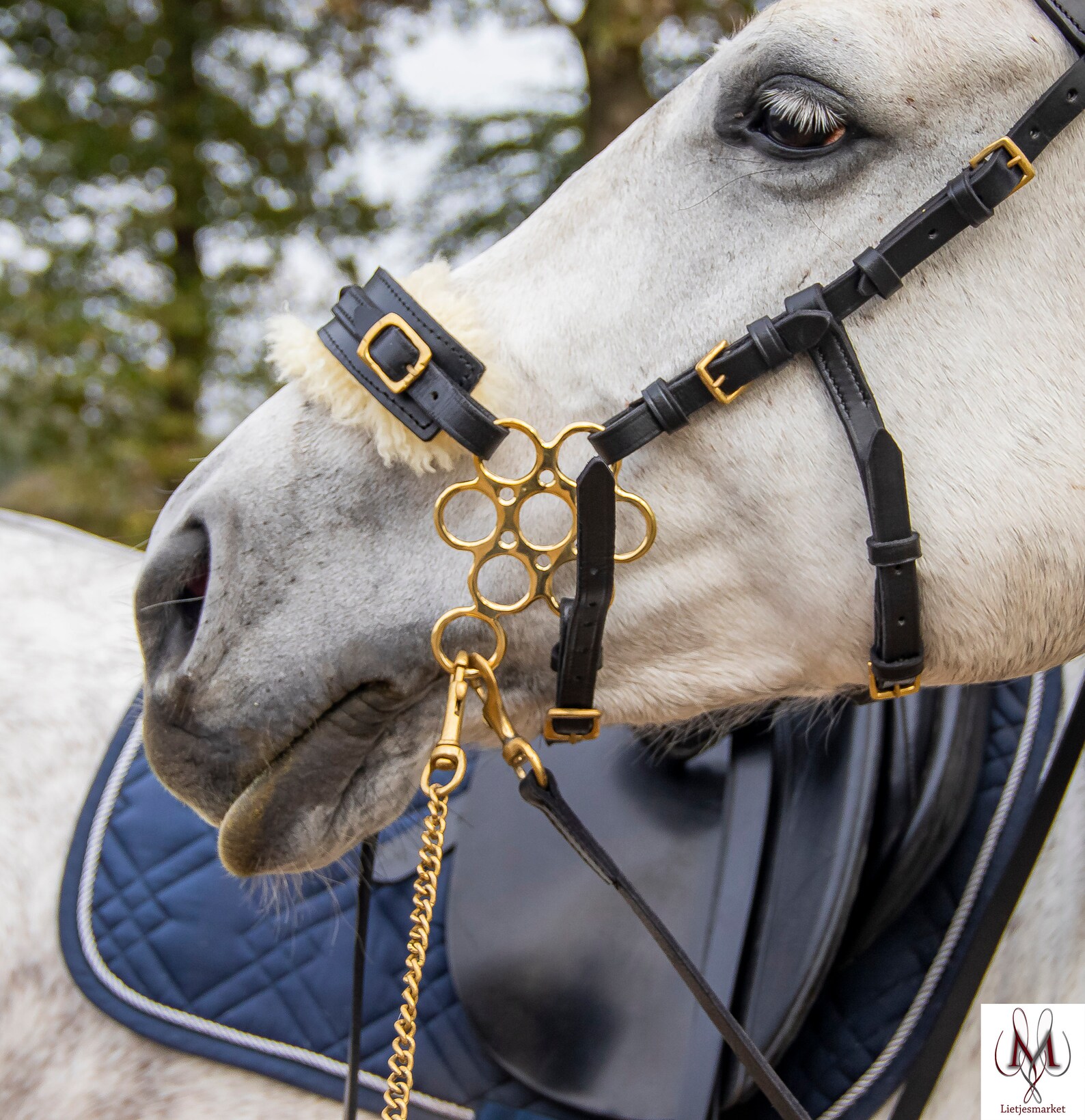 Hackamore flower wheel in gold and black noseband with fur | Etsy