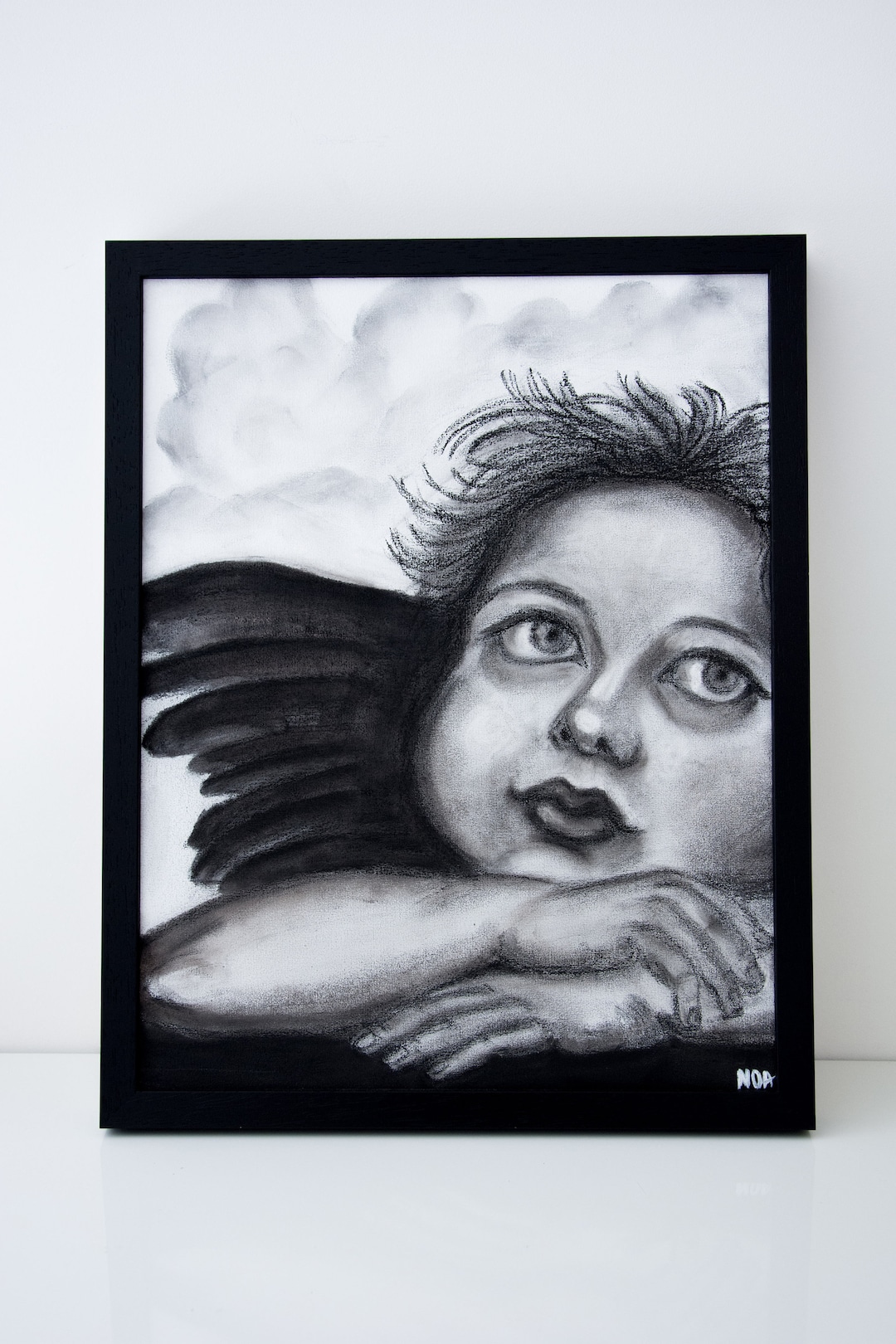 Framed Raphael's Angel Charcoal Painting: Renaissance Wall Art (19x15 ...