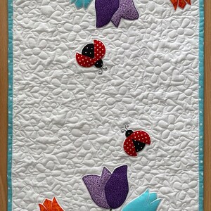 Quilted Table Runner, Tulips & Ladybug Appliques, Handmade in USA ...