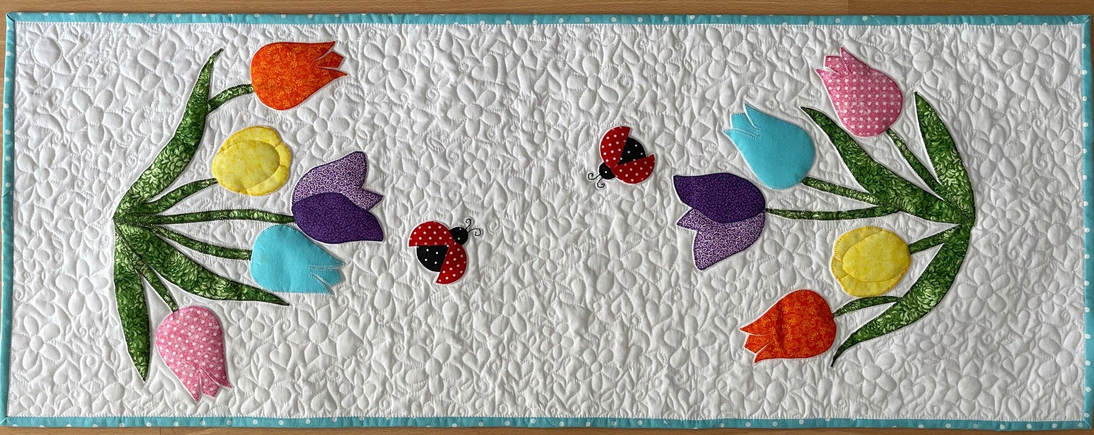 Quilted Table Runner, Tulips & Ladybug Appliques, Handmade in USA ...