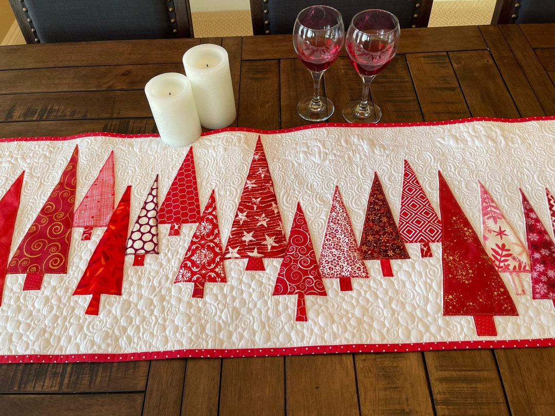 Christmas Quilted Table Runner,hand Made in USA, Red Trees, Elegant ...