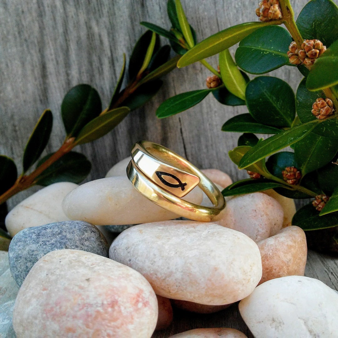 Brass Ichthus Ring: Minimalist Christian Fish Bypass Ring, Size 9 - Etsy