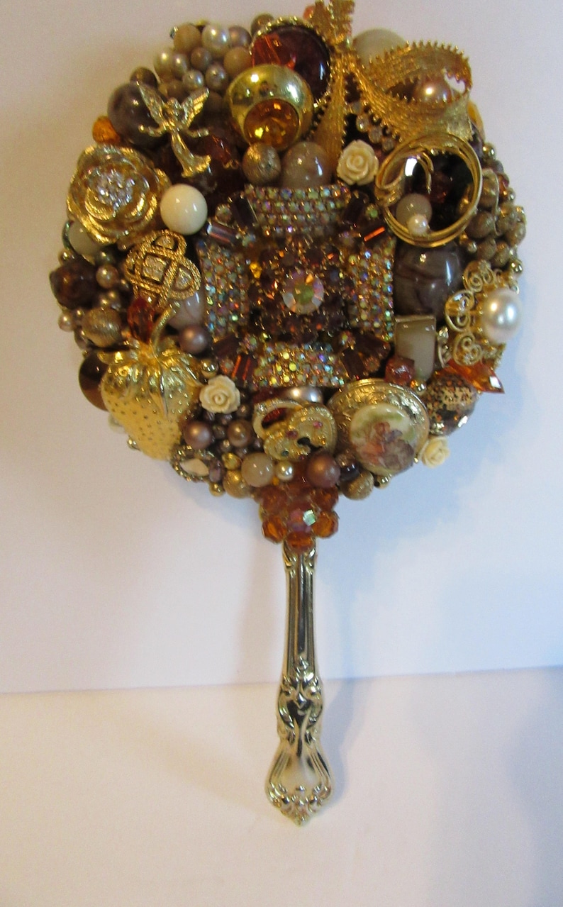 Jeweled Mirror Hand Held Vanity Mirror OOAK - Faux Amber Color & Gold ...