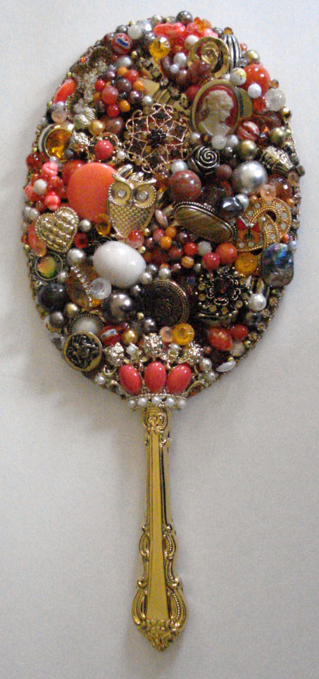 Jeweled Mirror Hand Held Vanity Mirror OOAK - Coral Golds and Amber ...