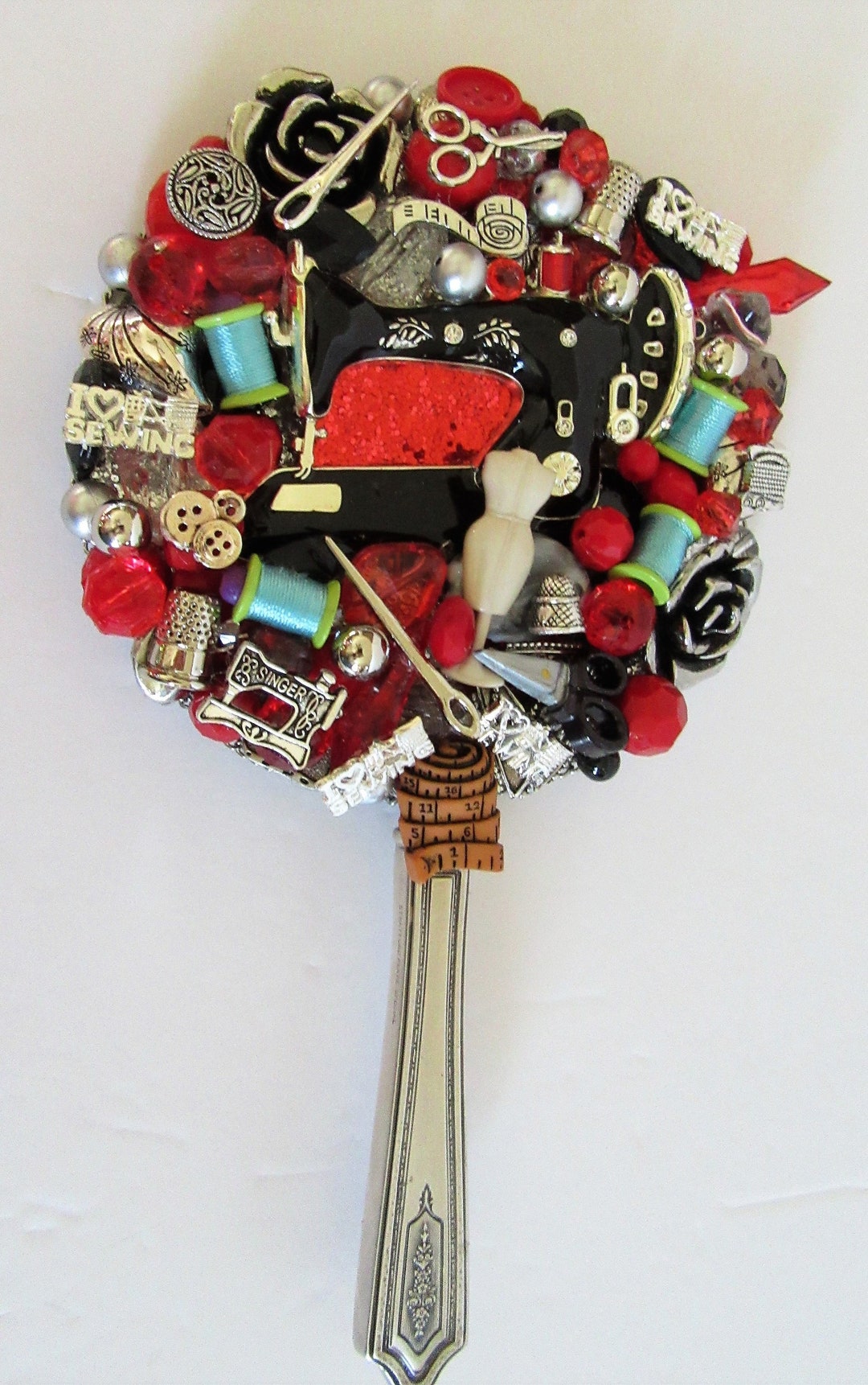 Jeweled Mirror Hand Held Silver Tone Vanity Mirror OOAK - Sewing ...