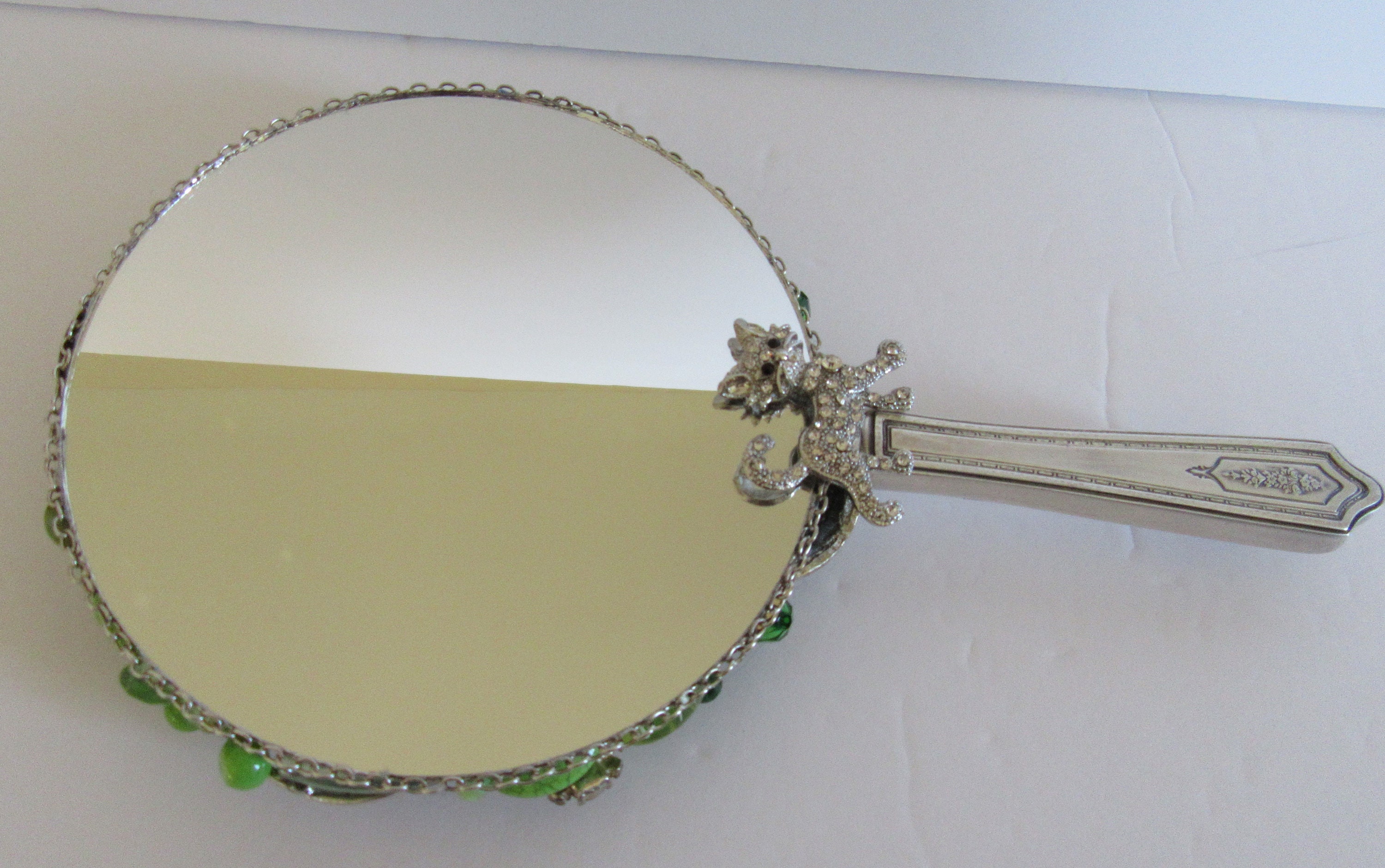 Jeweled Mirror Hand Held Vanity Mirror OOAK - Cat Themed - Green ...