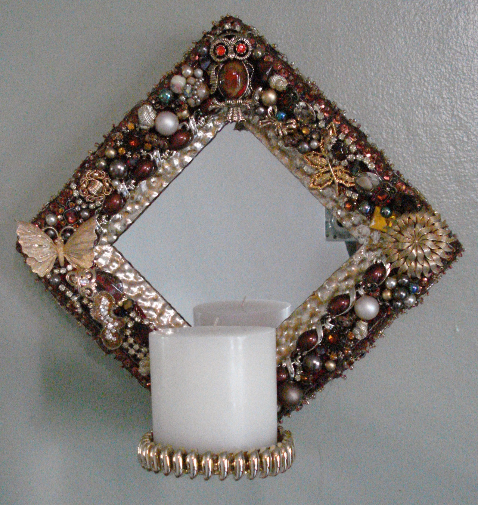 Jeweled Mirror Gold Tone Diamond Shape Wall Hanging Mirror Candle ...