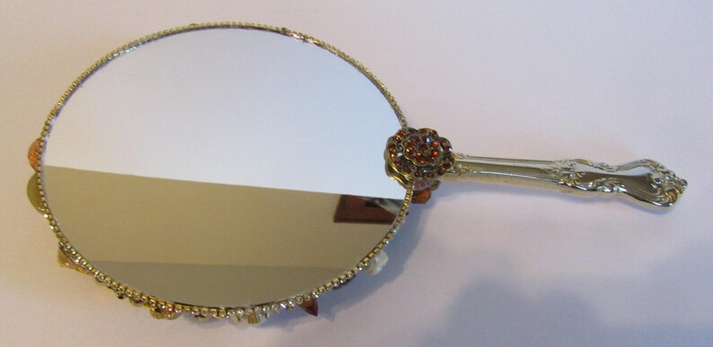 Jeweled Mirror Hand Held Vanity Mirror OOAK - Faux Amber Color & Gold ...